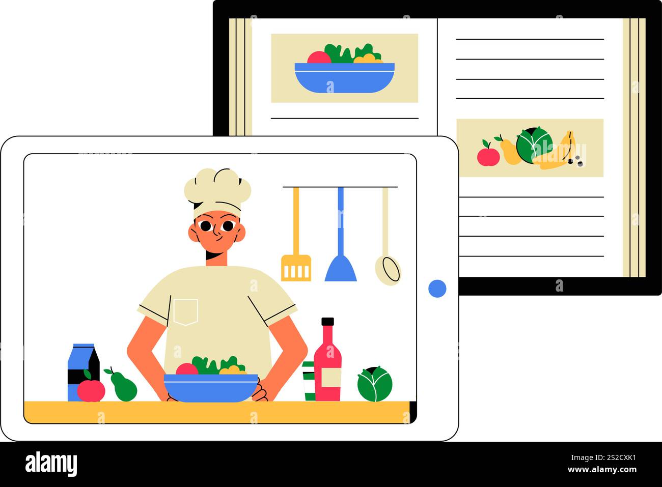 Male Chef Teaching Cooking Through A Tablet Screen In Flat Vector ...