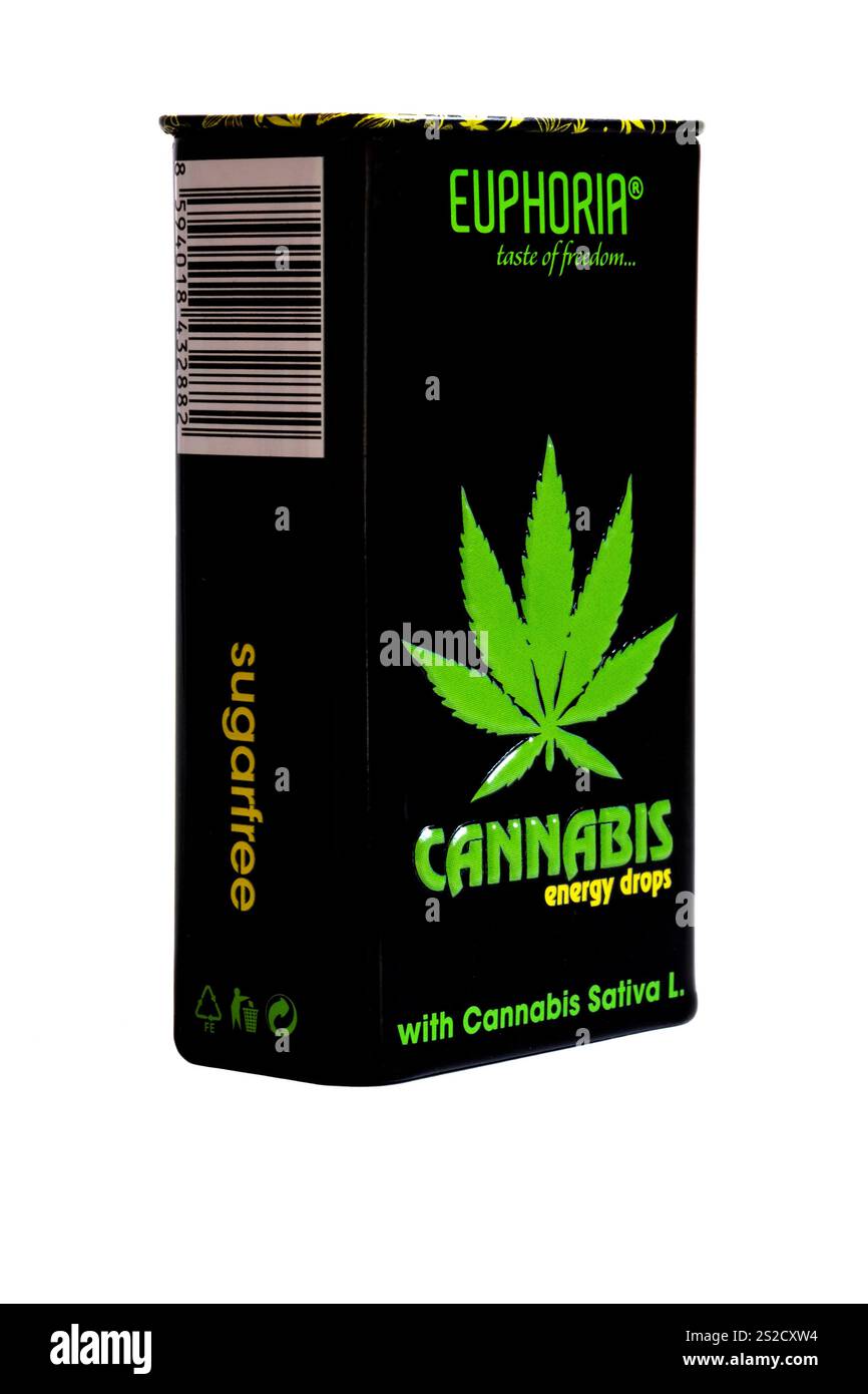 tin of euphoria cbd cannabis energy drops on white background Stock ...