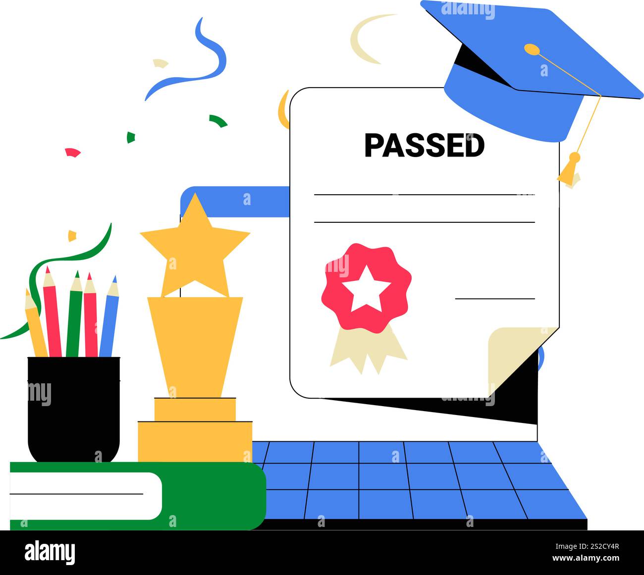 Certificate With Graduation Cap And Trophy In Flat Vector Illustration ...