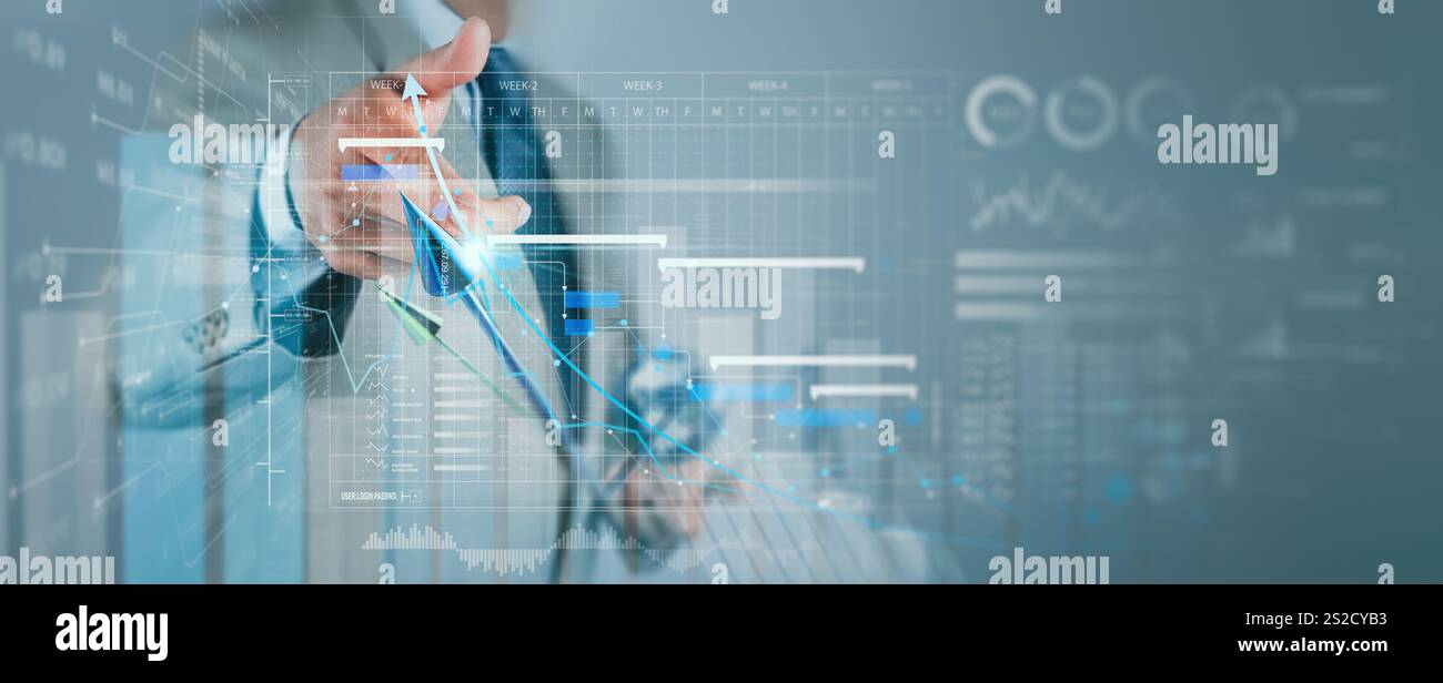 Businessman working with modern computer virtual dashboard analyzing innovation finance sales ...