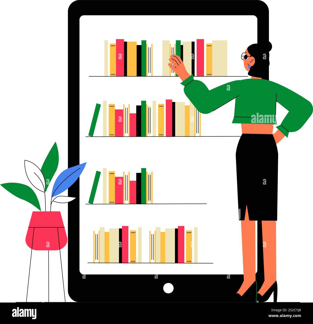 Woman Browsing Virtual Bookshelf On Tablet With Decorative Plant In ...