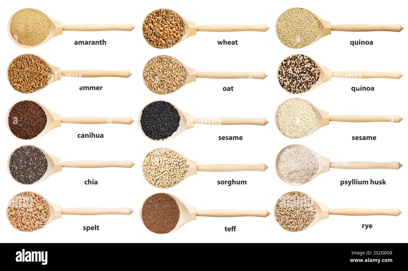 set of top views of wooden spoon with various seeds and grains with ...