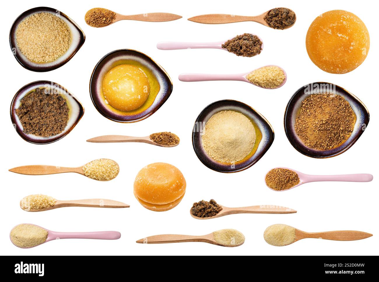 set of various brown sugars isolated on white background Stock Photo ...