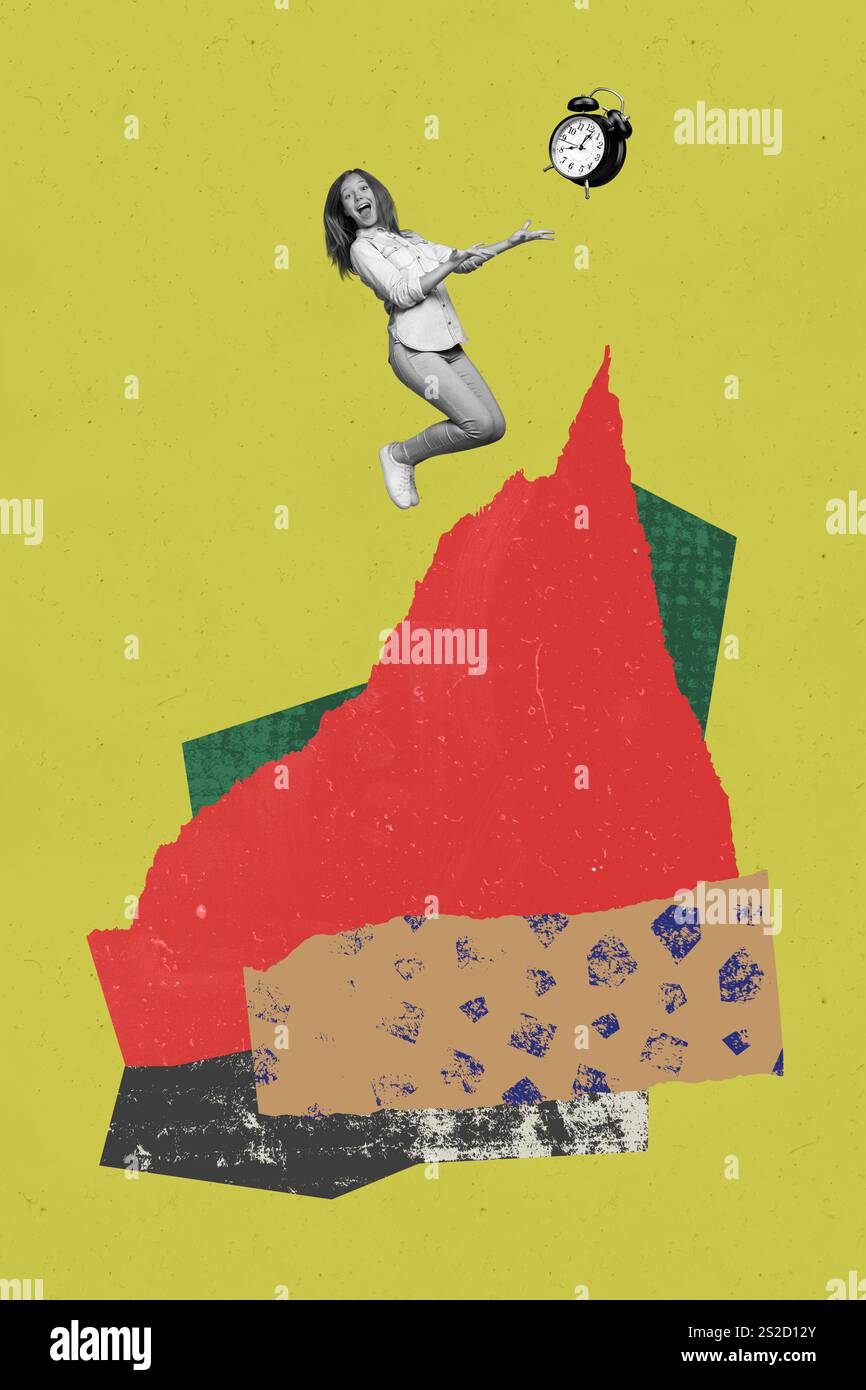 Vertical creative art collage of excited girl jump alarm clock ...