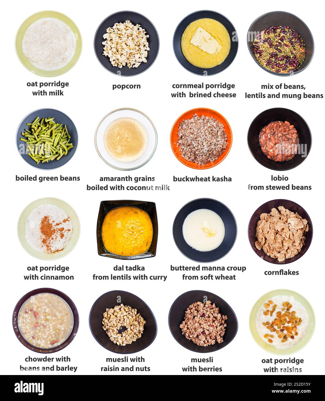 set of top view of various cooked grains in bowls with names isolated ...