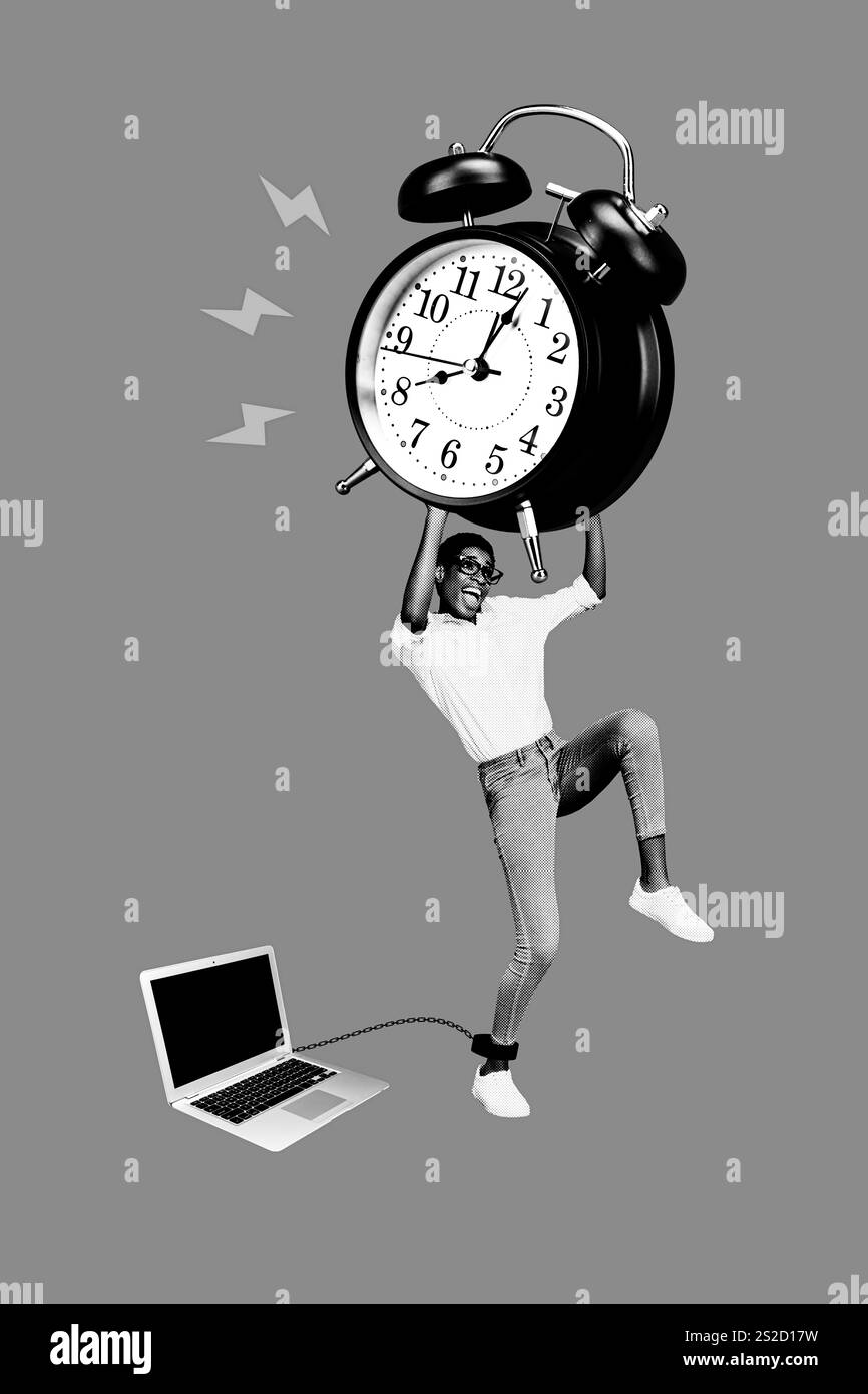 Creative photo 3d collage artwork poster of young person worker wake up ...