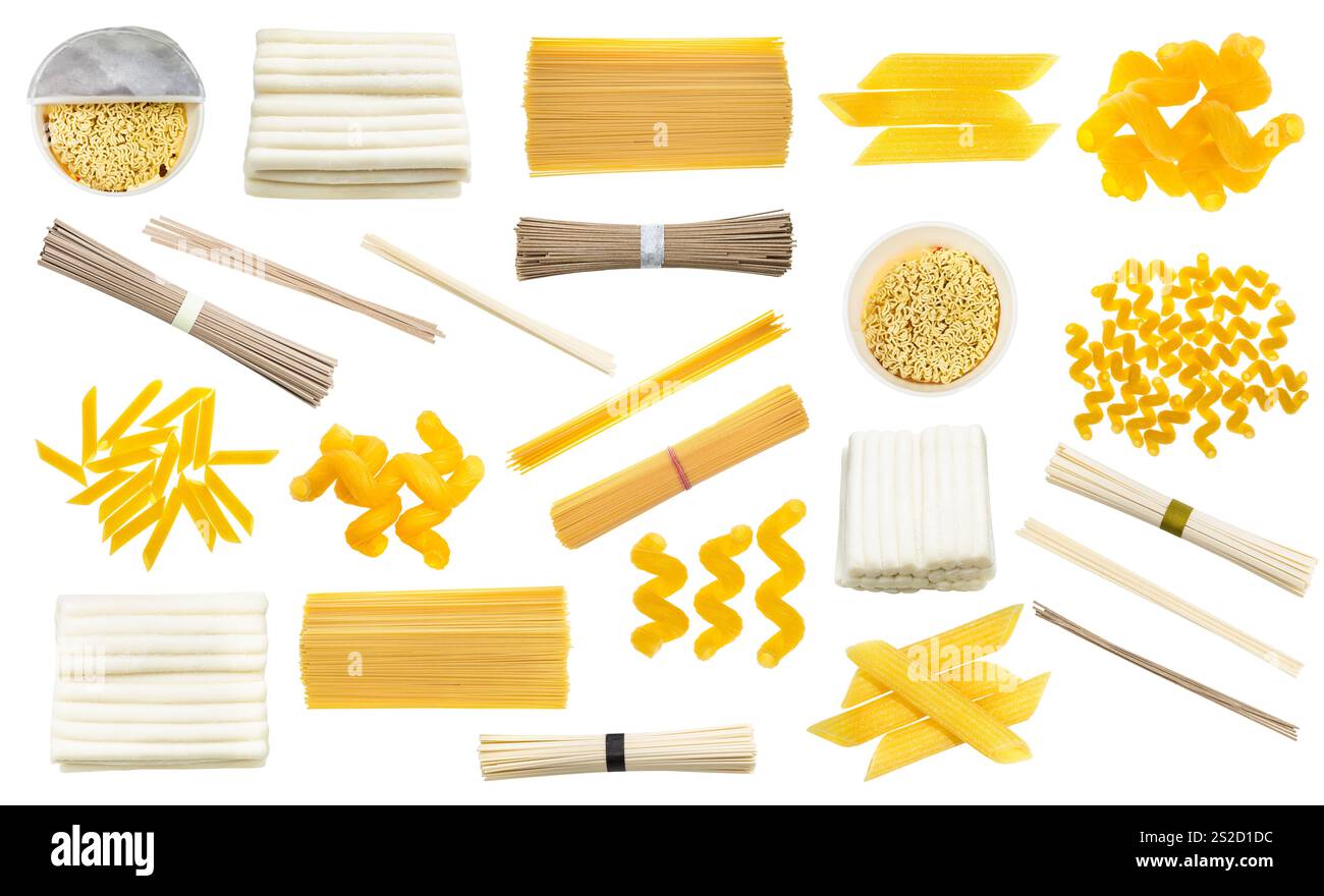 set of various dry noodles and pasta isolated on white background Stock ...