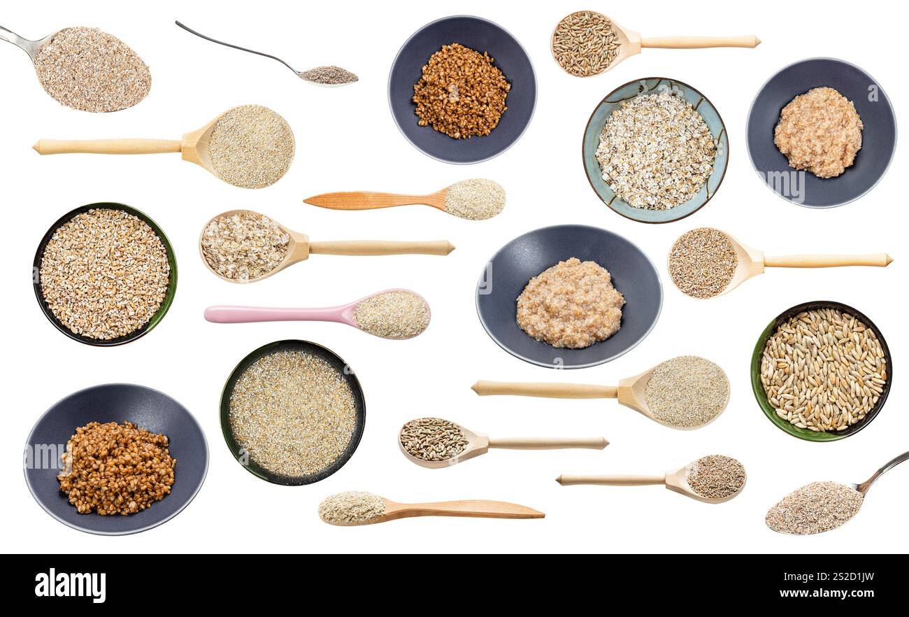 set of various boiled and raw rye grains isolated on white background ...