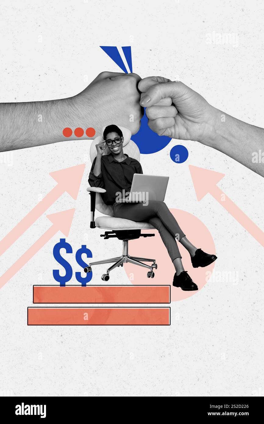 Vertical creative art collage of happy american girl sit chair arrow ...