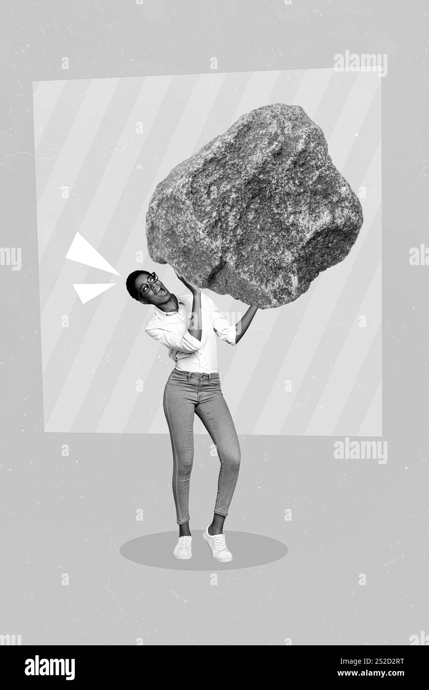 Vertical collage picture of black white effect person arms hold huge ...