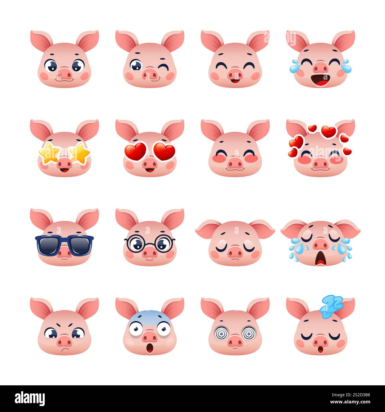Pig faces emotions. Emoji heads, funny little pork, smiles, tears ...