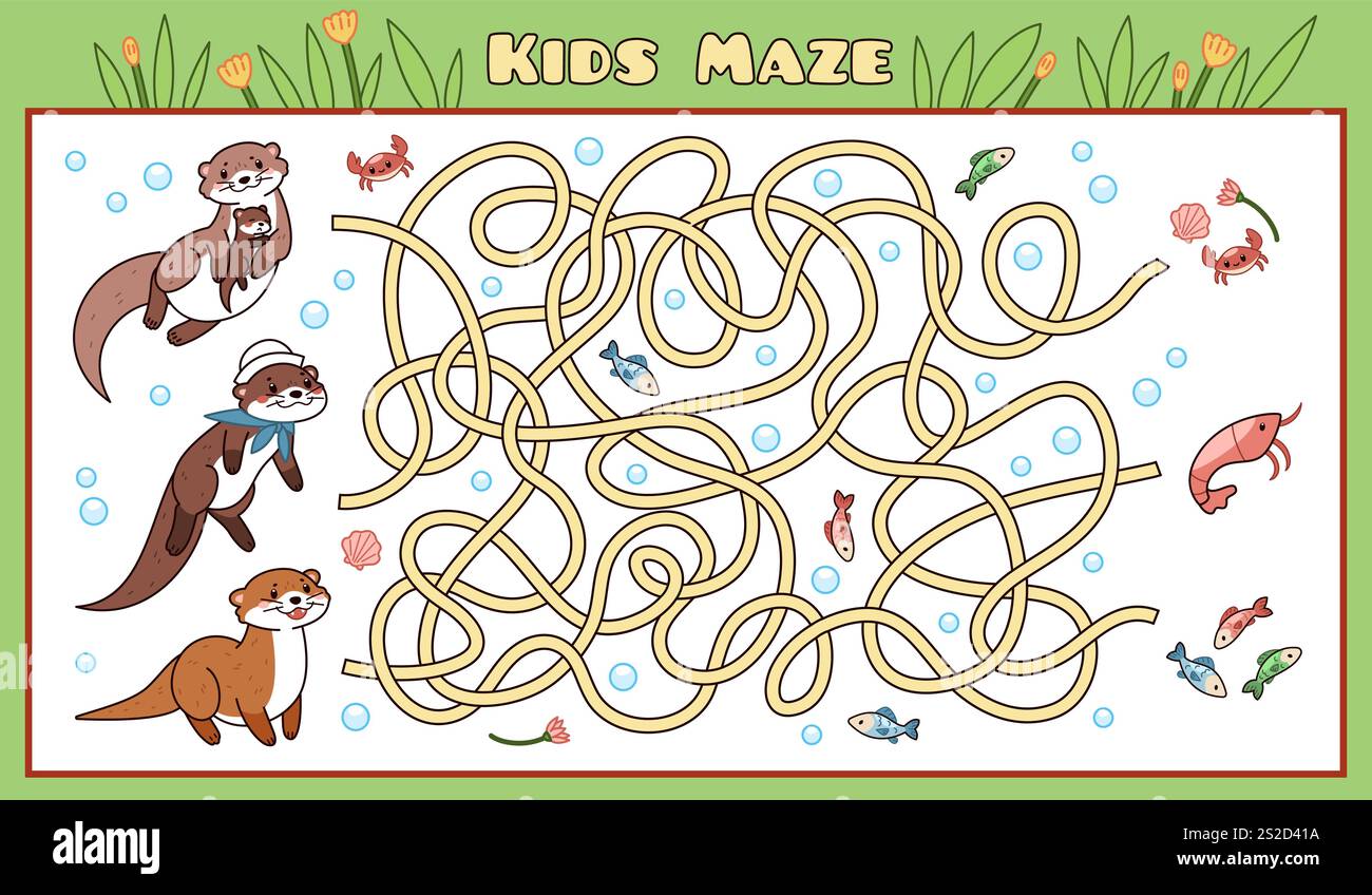 Kids maze with cute animals. Help sea otters get to food, crab, shrimp ...