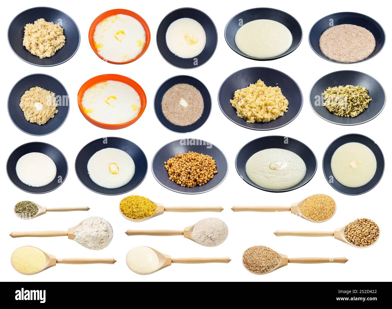 set of various raw and cooked common wheat groats isolated on white ...