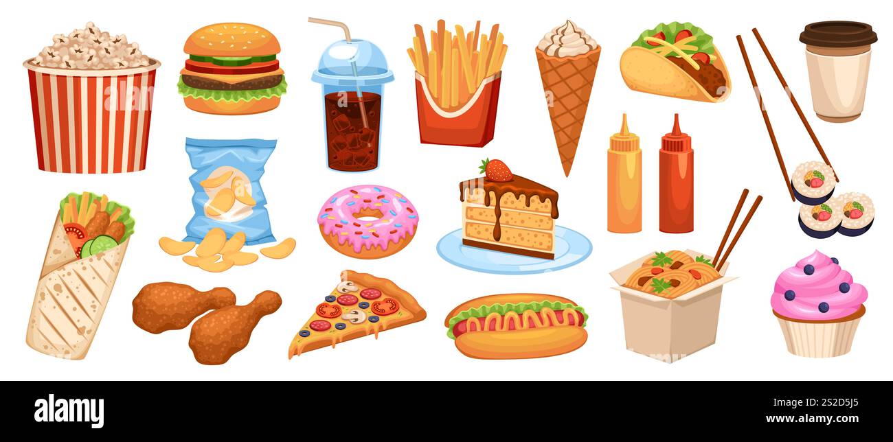 Cartoon street food. Fast, junk meal, deep fried snacks, high ...