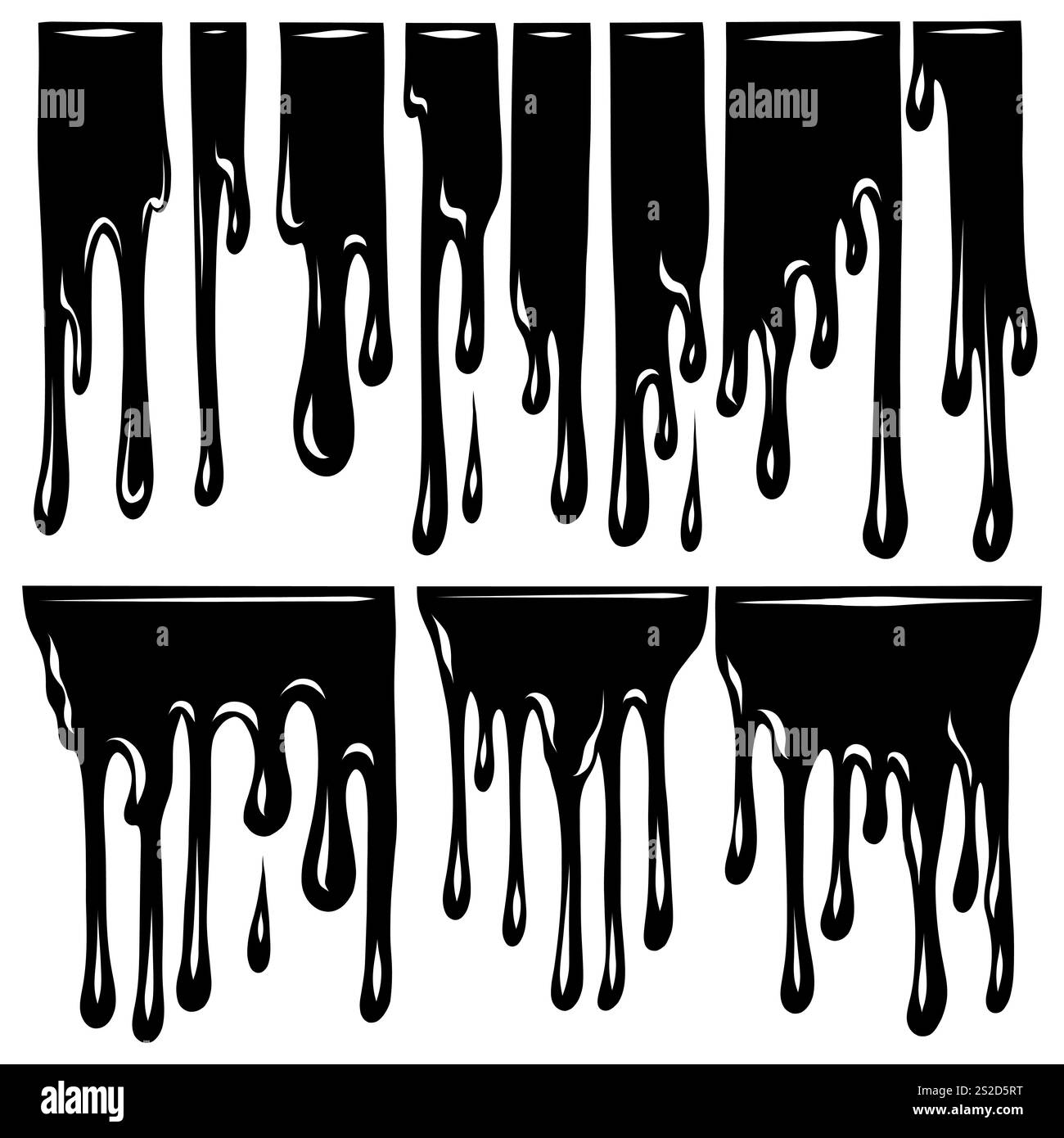 Set of black paint drips isolated from background. Melted ink ...