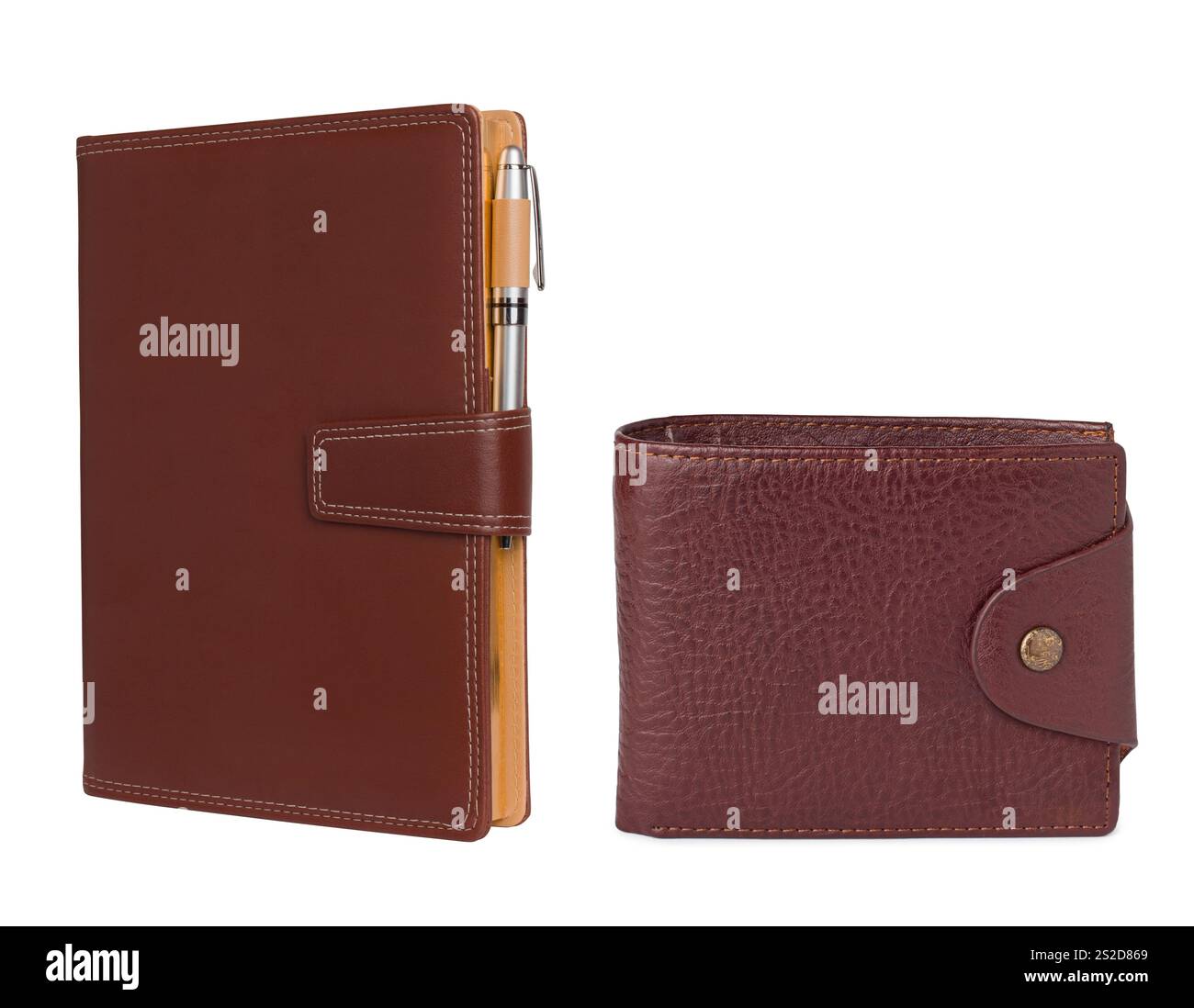 Leather notebook and pencil and wallet on white background Stock Photo ...