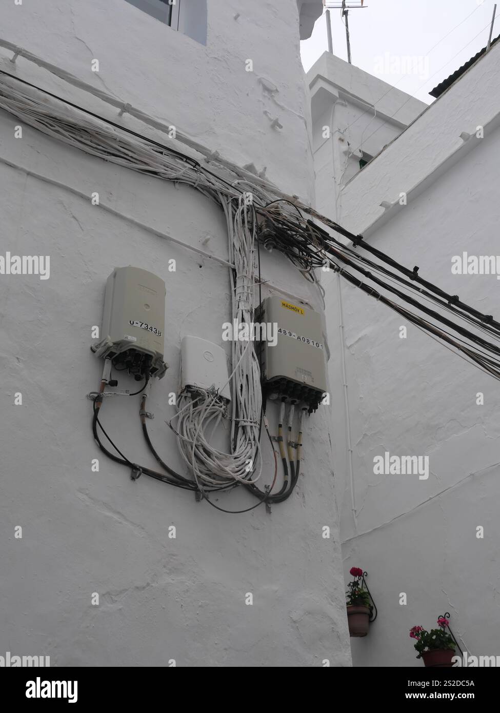 Power connections on the outside wall of a residential building in ...