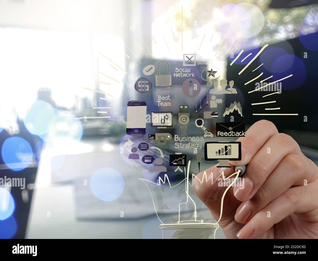 hand drawing creative business strategy with light bulb as concept ...