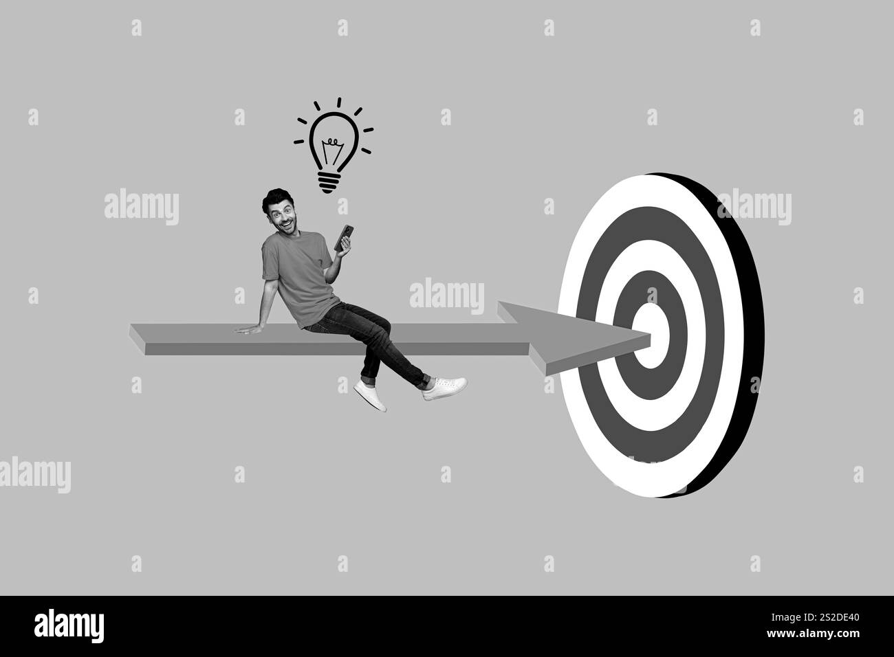 Creative artwork photo collage of young funky excited guy hold smartphone genius idea goal ...