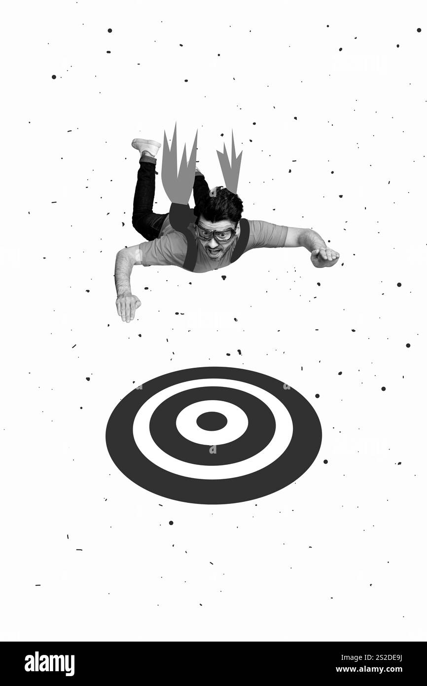 Vertical creative photo collage of handsome active man flying jetpack ...