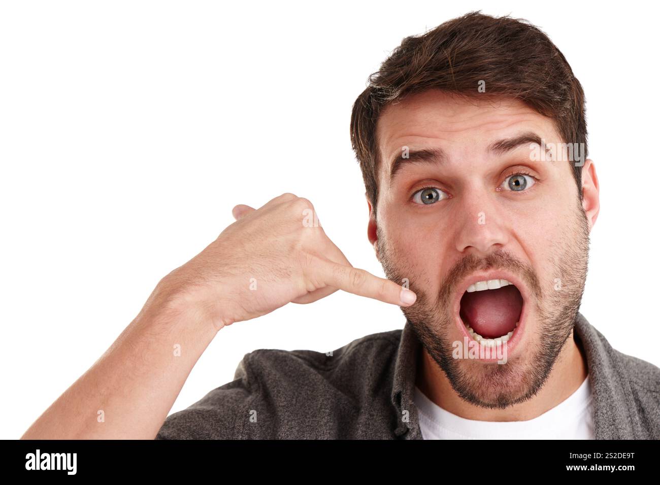 Man, call me sign and hand in studio portrait with mock up space ...