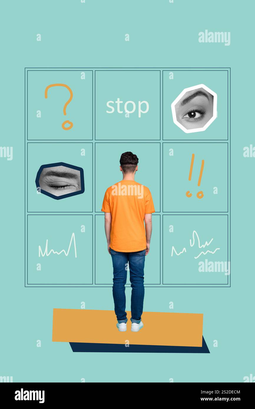 Poster image vertical photo collage of anonym man stand back stop ...