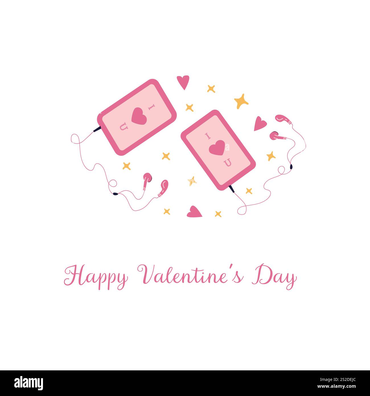 Valentines day greeting with pink love-themed phones and earbuds Stock ...