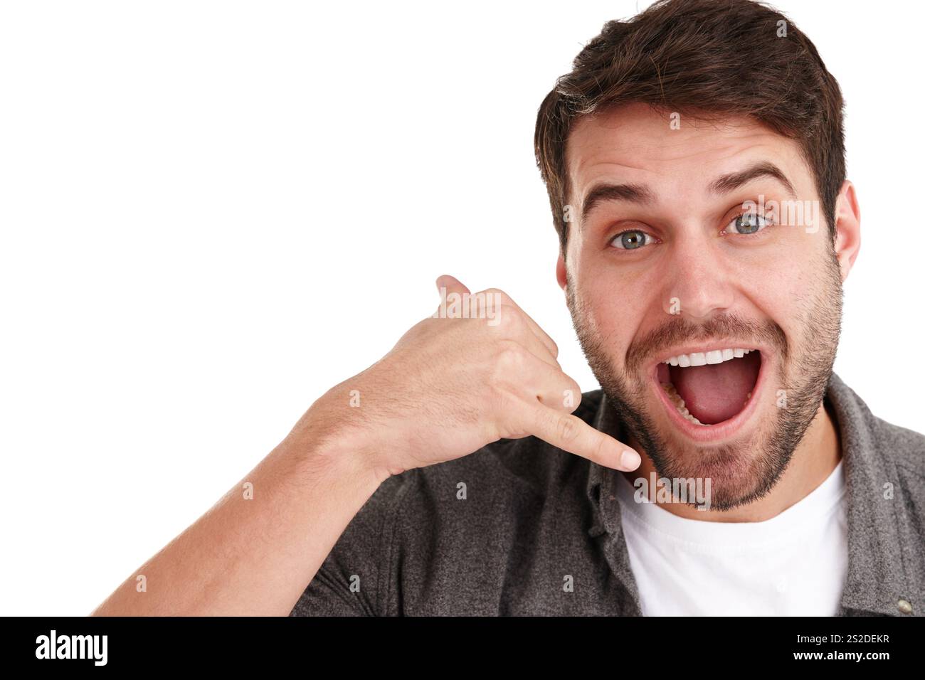 Man, call me and smile with hand gesture in studio portrait with mock ...