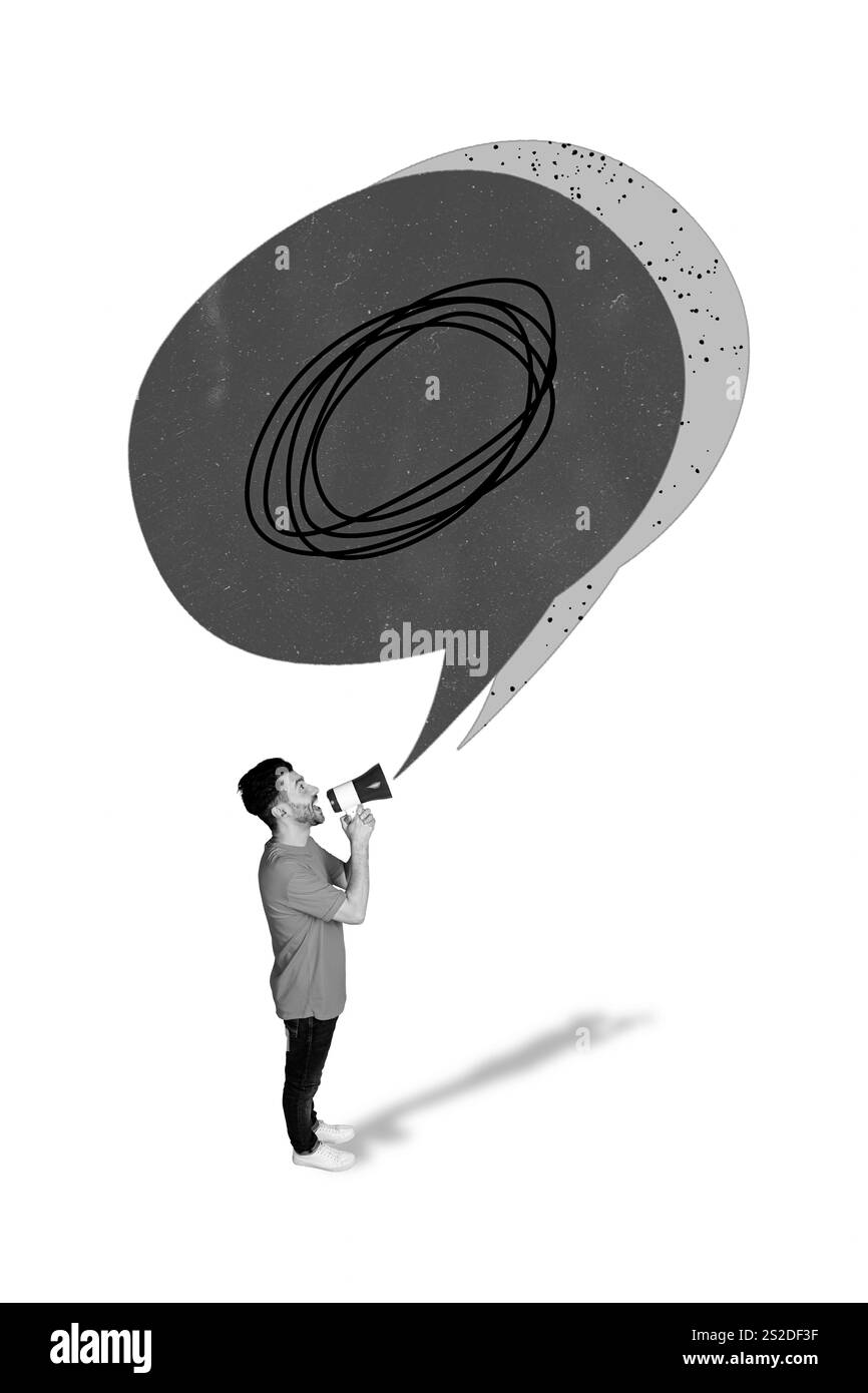 Creative vertical artwork collage photo of young miniature guy hold ...