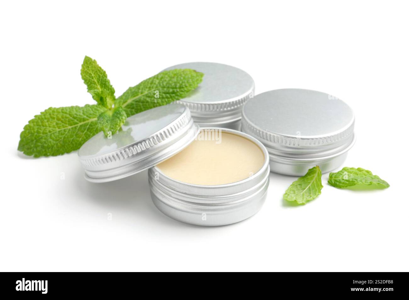 Mint lip balms and green leaves isolated on white. Cosmetic product ...
