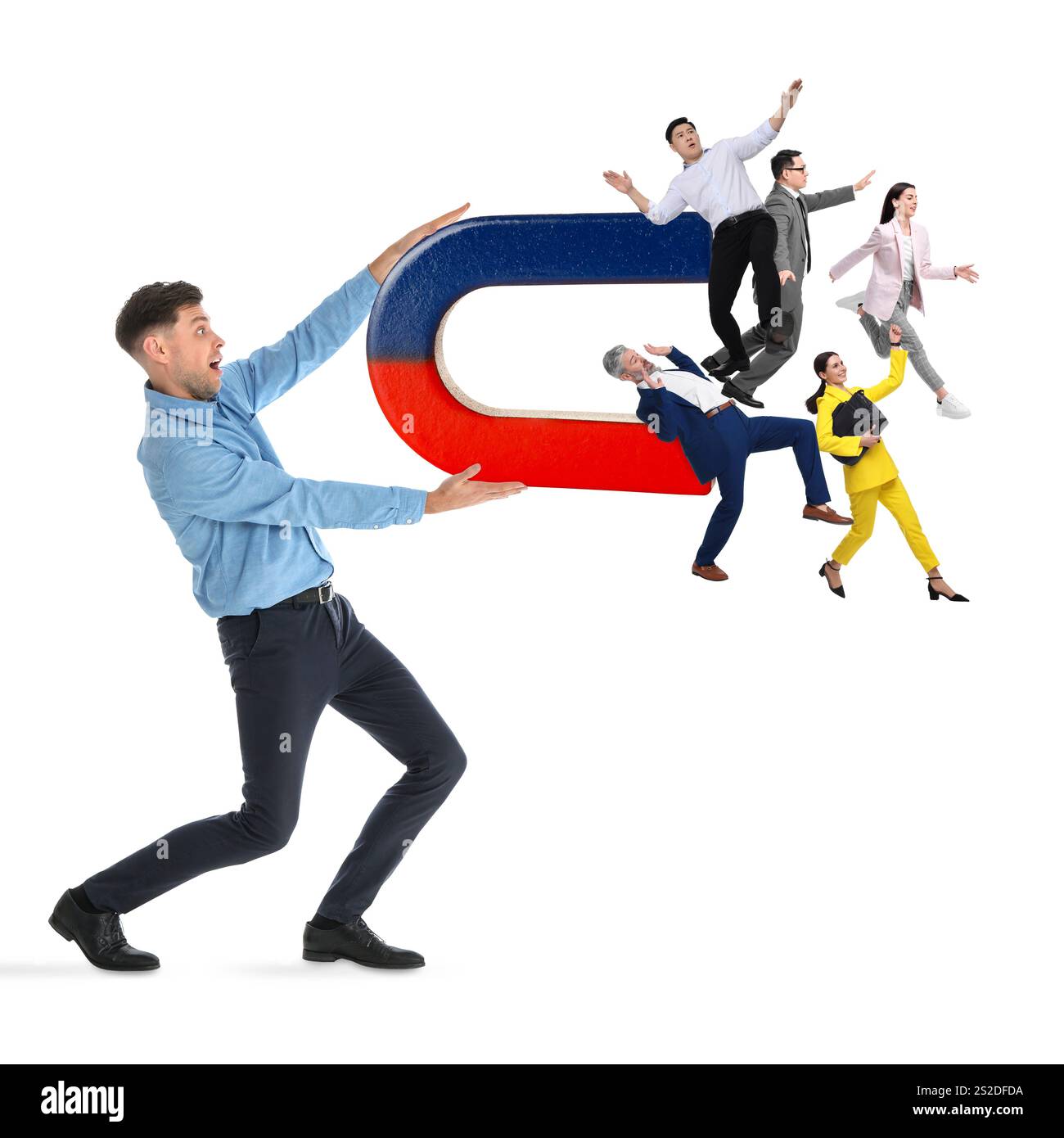 Man with horseshoe magnet attracting business people on white ...