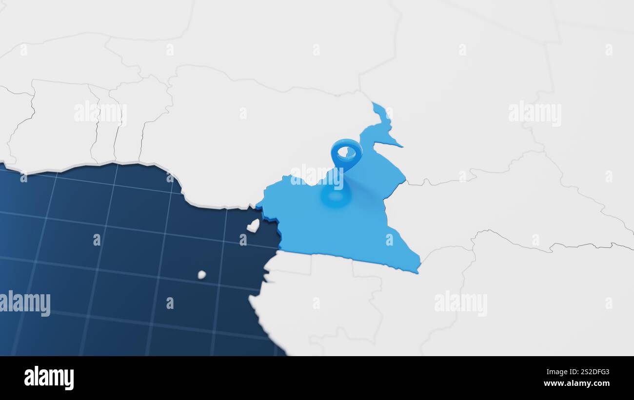 Blue Cameroon 3d map with pointer pin surrounded with other countries ...