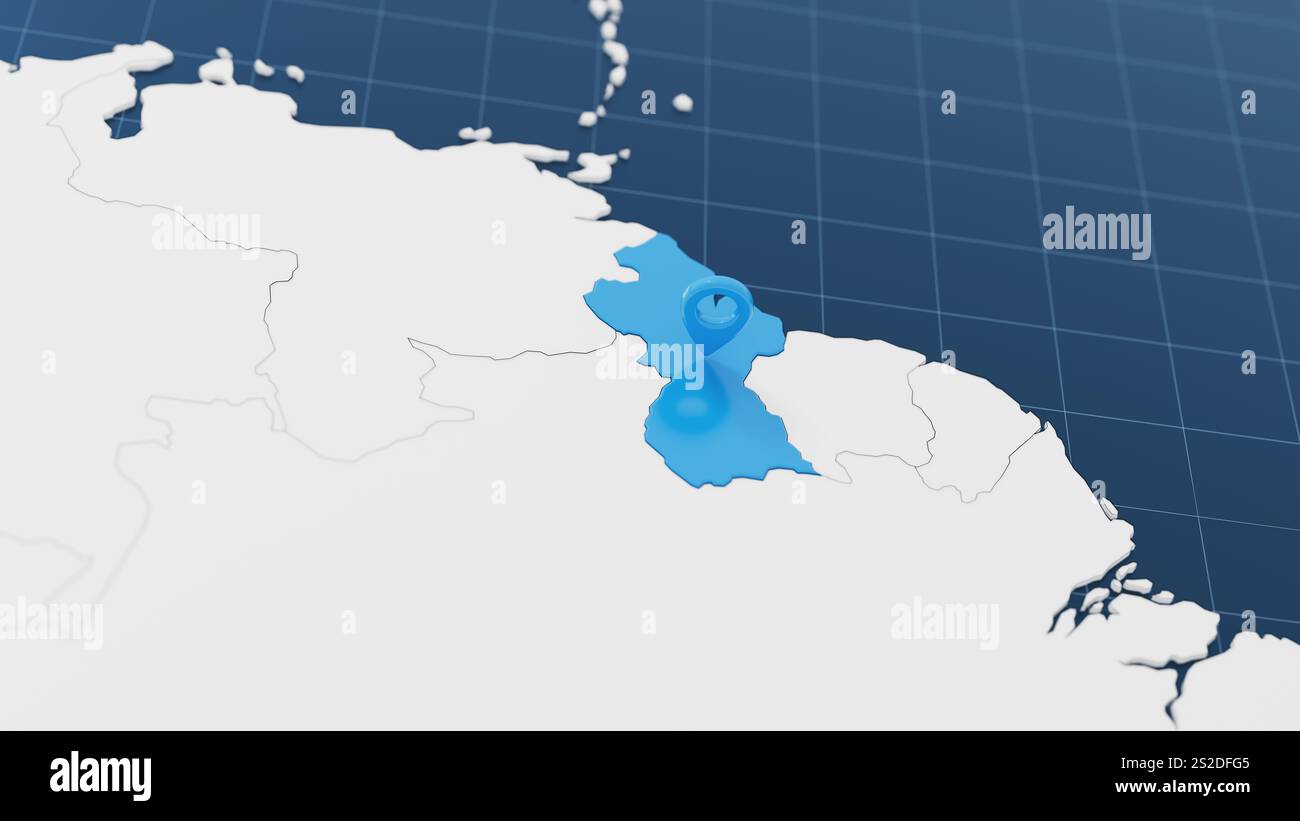 Blue Guyana 3d map with pointer pin surrounded with other countries in ...