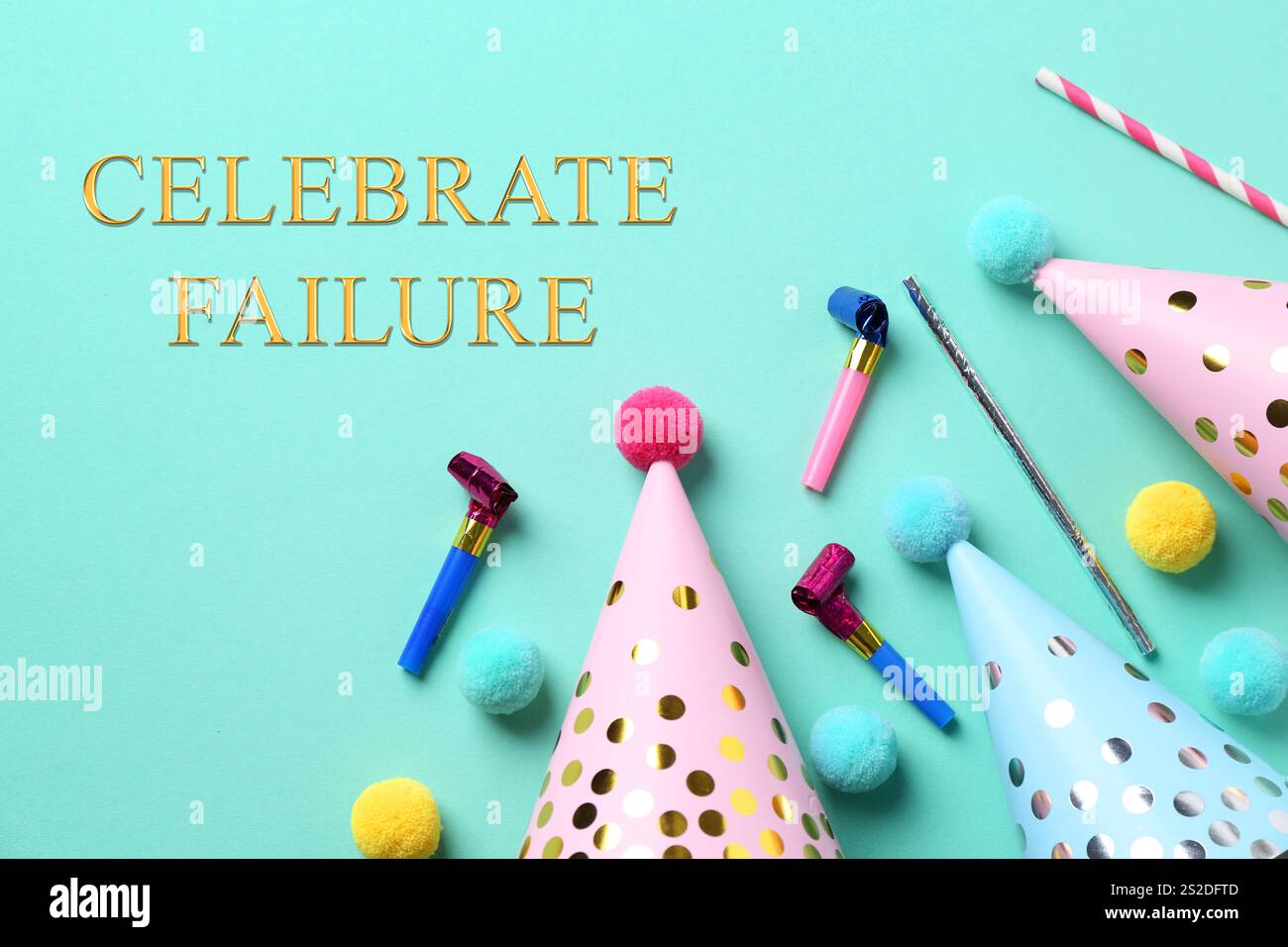 Celebrate failure. Party hats and blowers on turquoise background, flat ...
