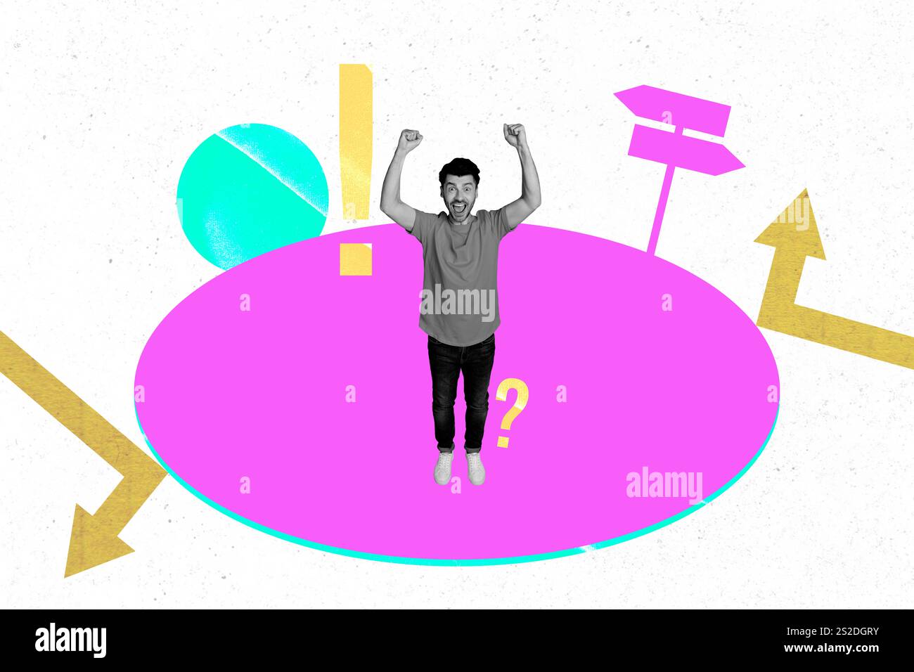 Creative photo poster collage image of astonished guy stand arrow ...