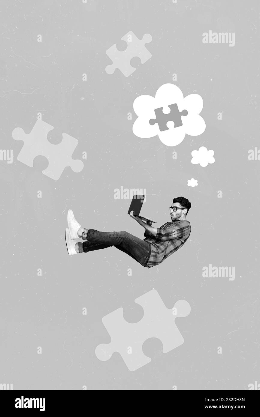 Artwork magazine collage picture of puzzled guy solving puzzle apple ...