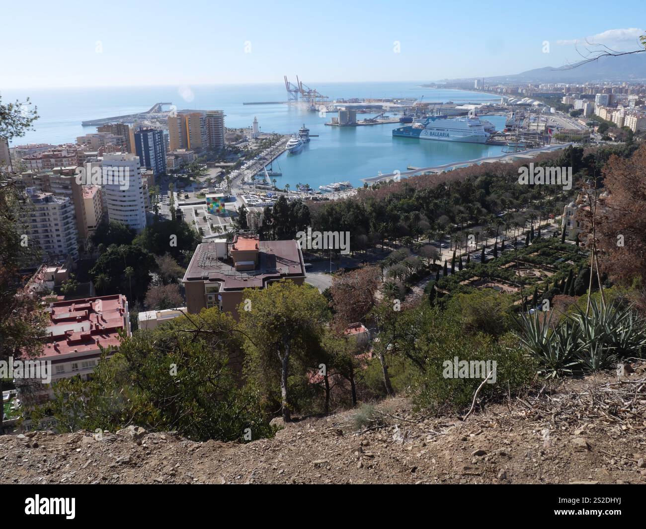 View from the castle complex of the Castillo de Gibralfaro to the port ...