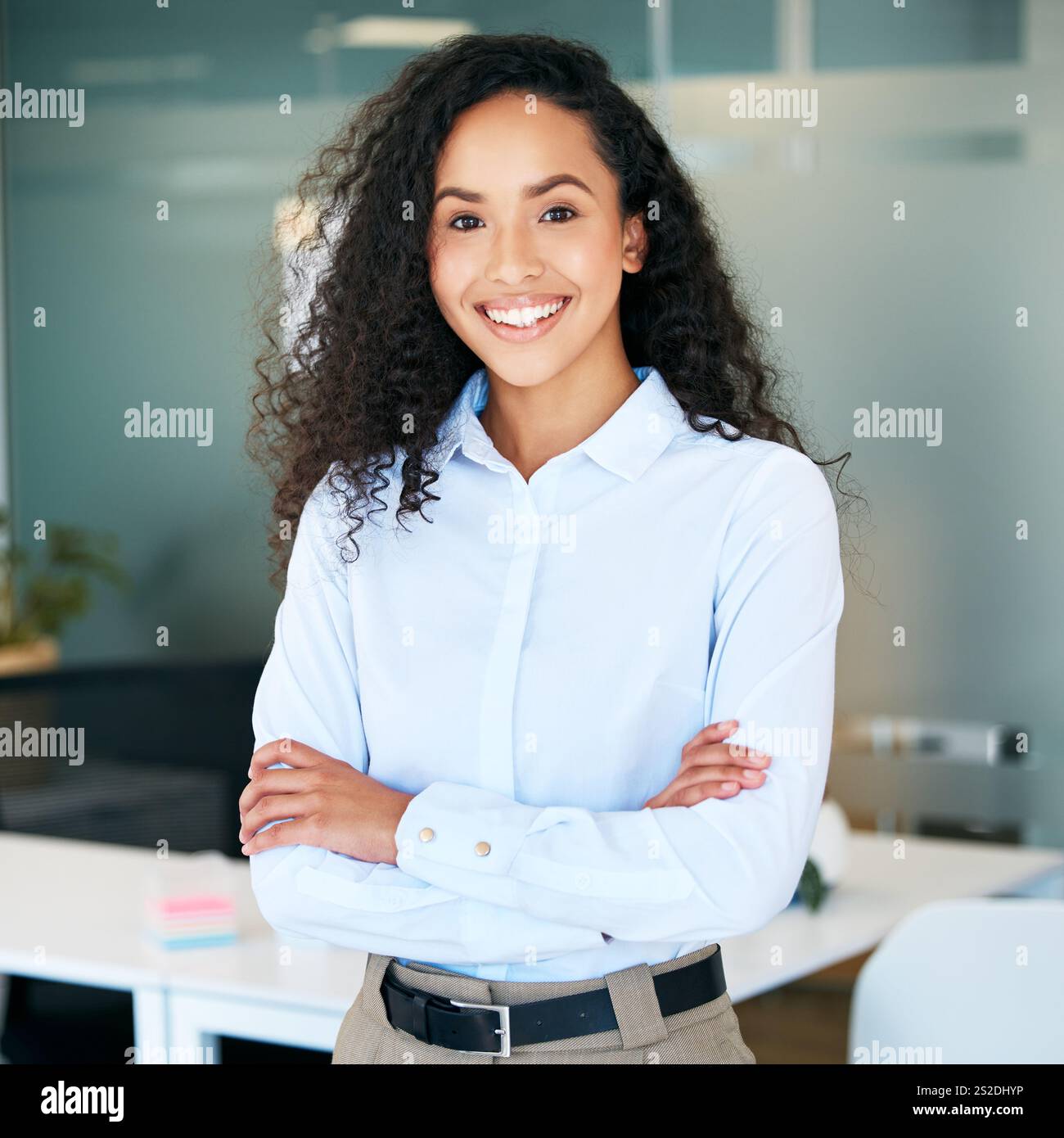 Happy, businesswoman and portrait with pride in office, arms crossed ...