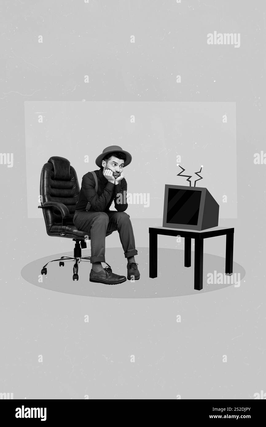 Photo artwork minimal collage picture of funny upset guy watching ...