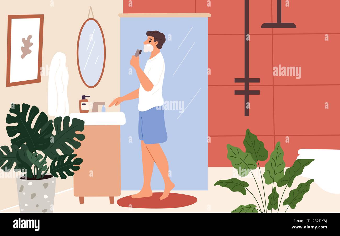 Guy shaves. Daily hygiene procedure. Male facial skin care. Man in ...
