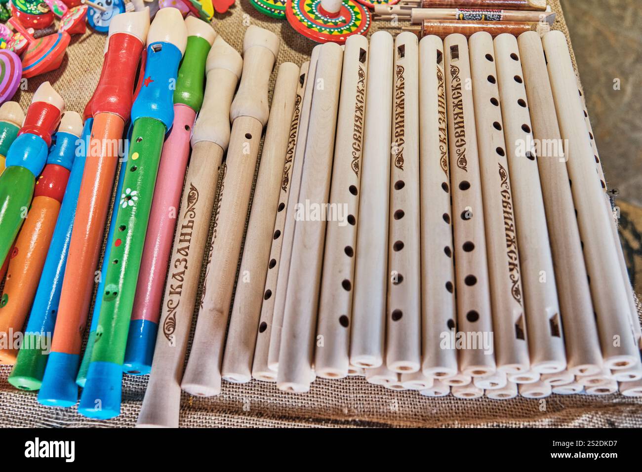 Colorful handcrafted wooden souvenirs, Traditional musical instruments ...