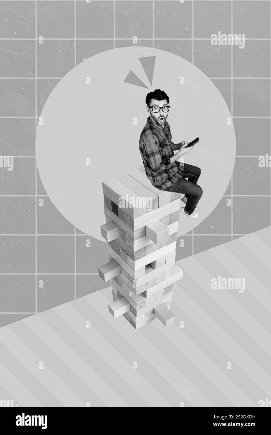 Photo collage minimal picture of impressed guy sitting tower chatting ...