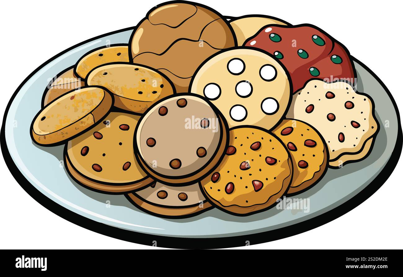 Vibrant drawing of cookies on a plate, highlighting diverse shapes ...