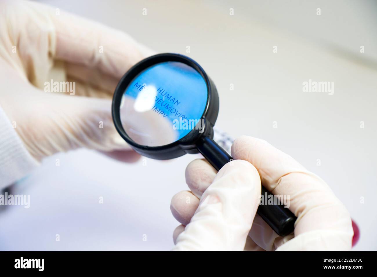 Human Metapneumovirus, HMPV virus. Magnifying glass and human hands ...