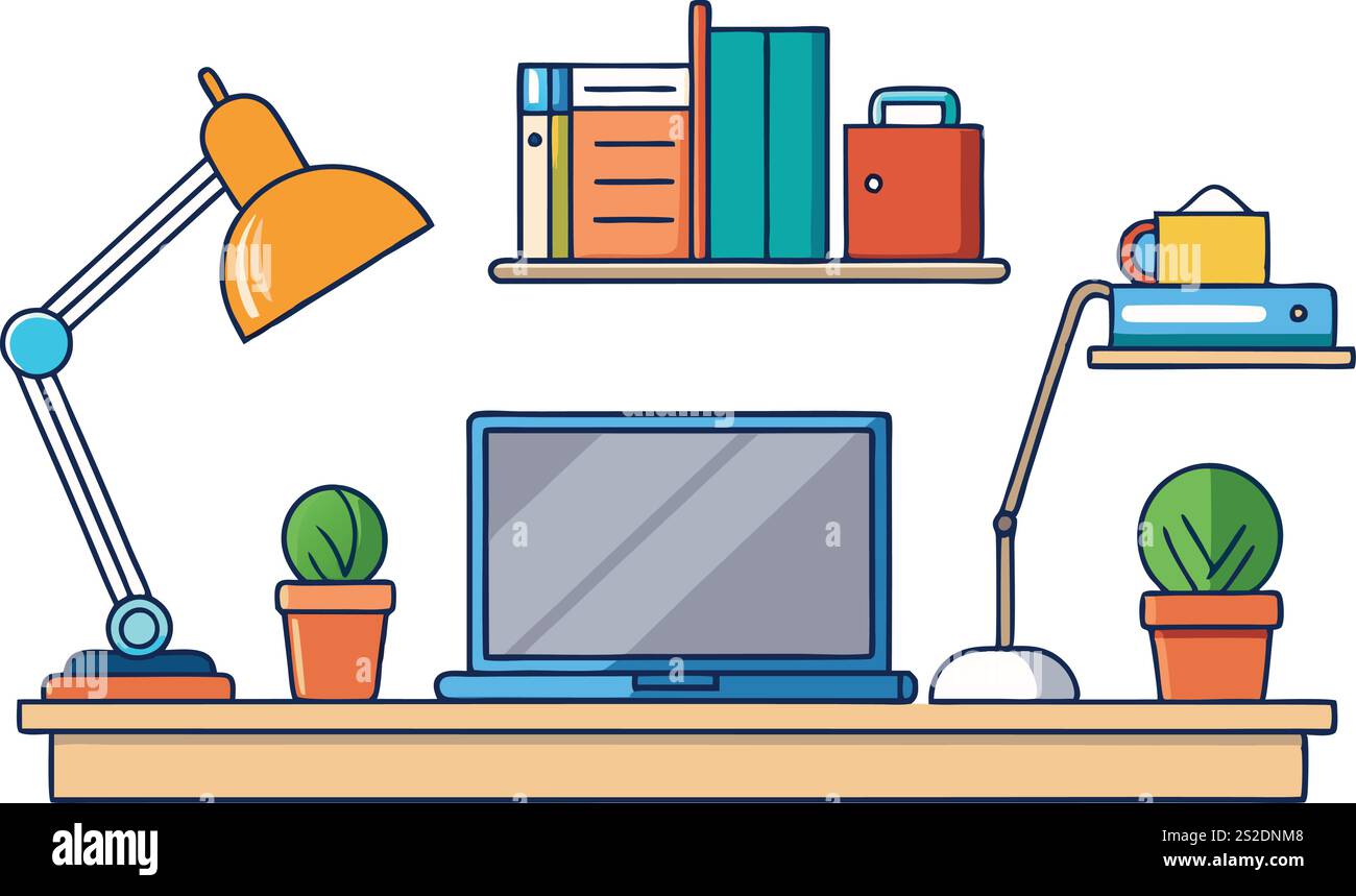 Illustrated office desk setup with a laptop, table lamp, books, and ...
