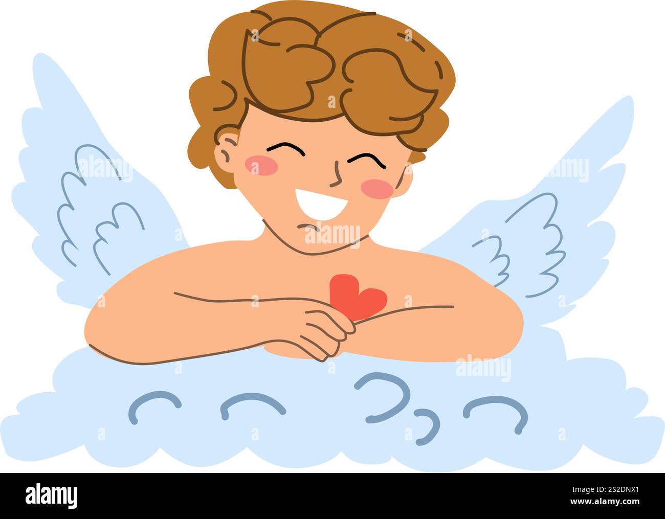 Charming cartoon cherub with wings holding a heart on a cloud Stock ...