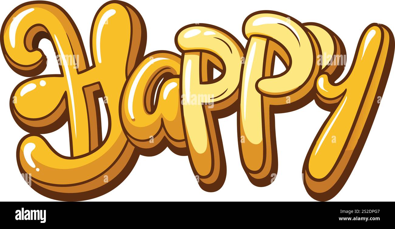Golden cartoon style Happy lettering with shiny reflections, radiating ...