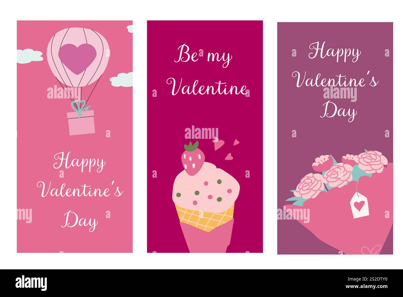 Romantic valentine's day cards with hot air balloon, strawberry ice ...