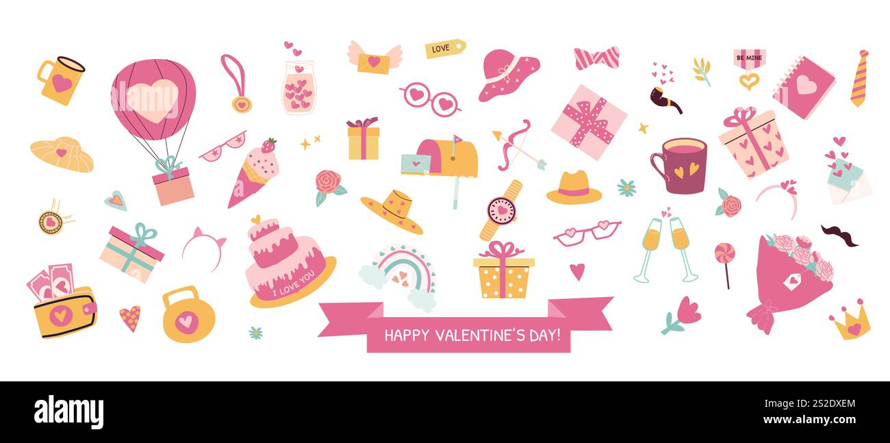 Valentine's day celebration icons with gifts, hearts, and love symbols ...