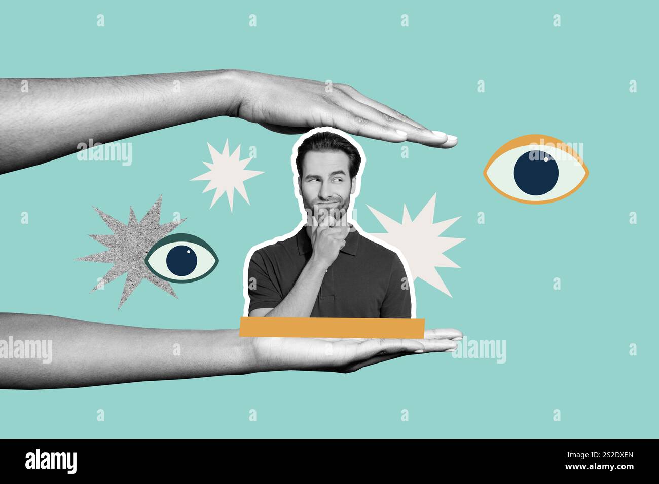 Composite art 3d creative image collage of suspicious guy think hands ...